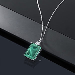 Gem Stone King 925 Sterling Silver Green Malachite and White Moissanite Pendant Necklace For Women (18.23 Cttw, Emerald Cut 18X13MM, With 18 Inch Silver Chain)