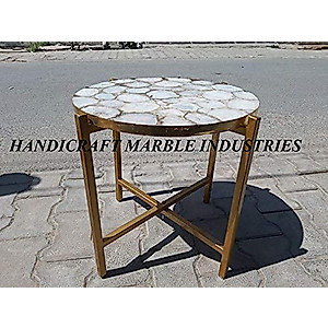 White Agate Round Table With Stand, Agate Stone Table With Stand, Round White Agate Side Table 15" Inch