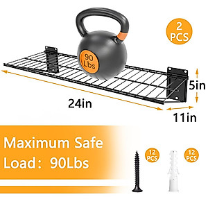 BELLO YON Wall Shelf 24'' x 11'' Garage Wall Mounted Storage Shelves, Heavy Duty Metal Wire Wall Shelving Storage Rack for Garage, Office, Basement, Max Load 90lb,Black, 2-Pack