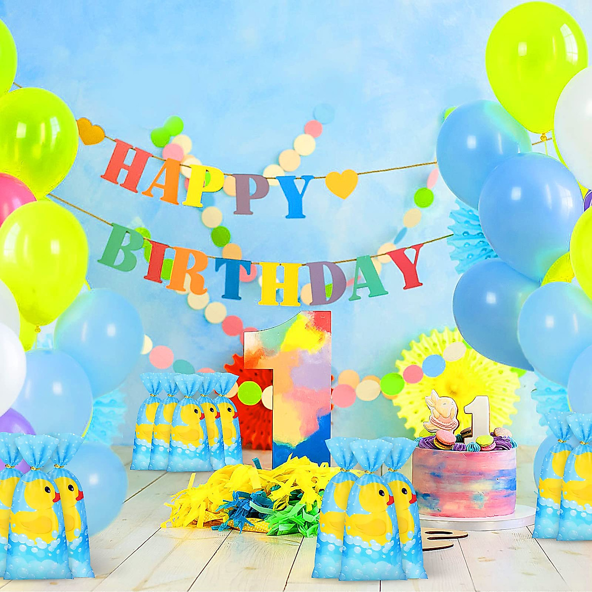 100 Pieces Yellow Duck Cellophane Treat Bags Duck Candy Bags Goodie Bags Birthday Party Favors Bags with 100 Pieces Gold Twist Ties for Baby Shower Birthday Rubber Duck Party Favors Decorations