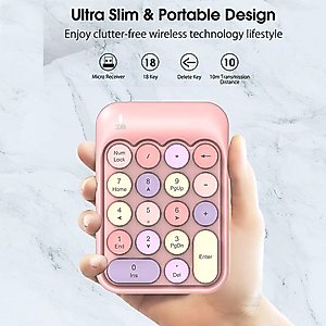 FELICON Wireless Numeric Keypad 18 Keys with 2.4G Mini Portable Silent Number Pad USB Receiver Financial Accounting Keyboard Extensions for Laptop Desktop PC Pro（Pink Mix）