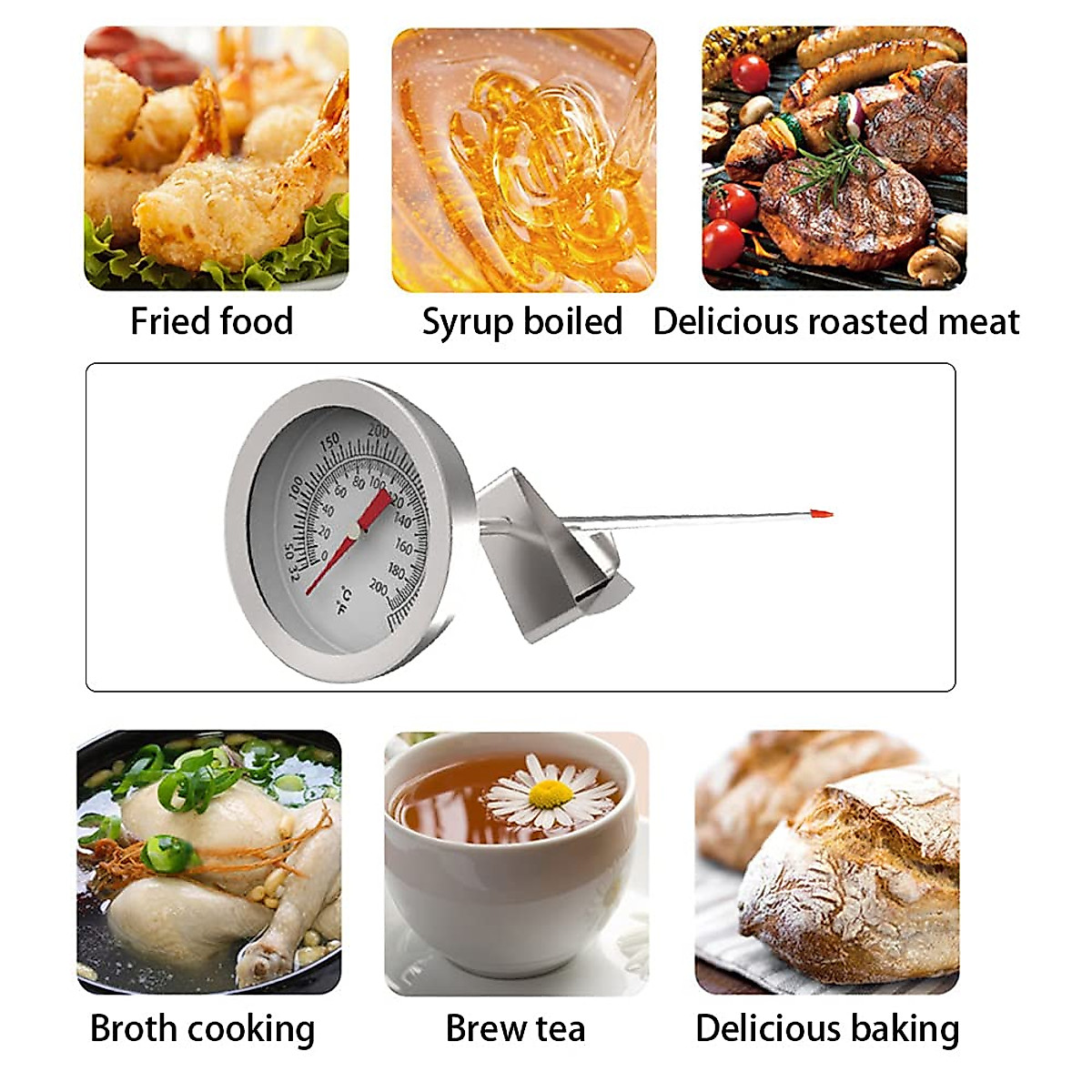 Deep Fry Thermometer Mechanical Meat Thermometer for Deep Fry, Grilling Dial Thermometer Stainless Steel Stem Meat Cooking Thermometer with Adjustable Pot Clip(Size:200 mm)