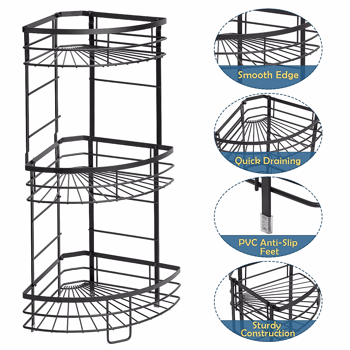 Shinoske 3-Tier Corner Shelf, Metal Bathroom Shelf Unit, Black, Semicircular, Modern, Freestanding, Space Saving, Waterproof, 13.4x8.7x24 inches