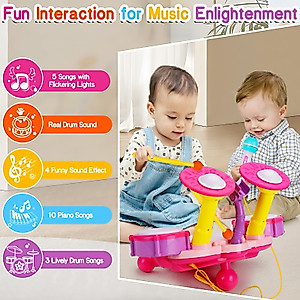 Basytodio Baby Music Toy 0-6-12 Month Electronic Kid Drum Set for Toddler Indoor Outdoor Montessori Sensory Activity Interactive Infant Surprise First Birthday Gift for One Year Old Girl Boy
