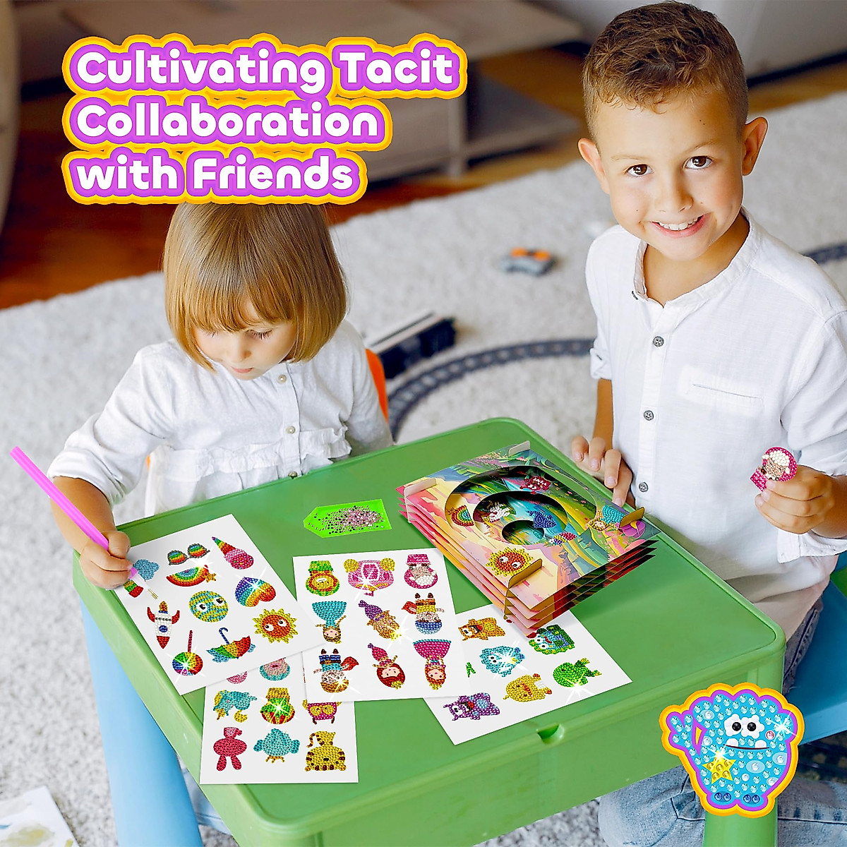 Diamond Art Painting Stickers Kits, 56 PCS 5D DIY Diamond Art Stickers for Beginners, Cute Animals, Princesses, Unicorns Gem Stickers Crafts for Kids, Gift for Girls (with 3D Background Display Card)