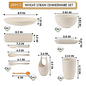 Wheat Straw Dinnerware Sets for 4, 48PCS Unbreakable Microwave Dishwasher Safe Dinnerware Set for Kids Adults, Reusable Lightweight Plates Cups and Bowls Set for Camping Kitchen Picnic Dorm Rv Dishes