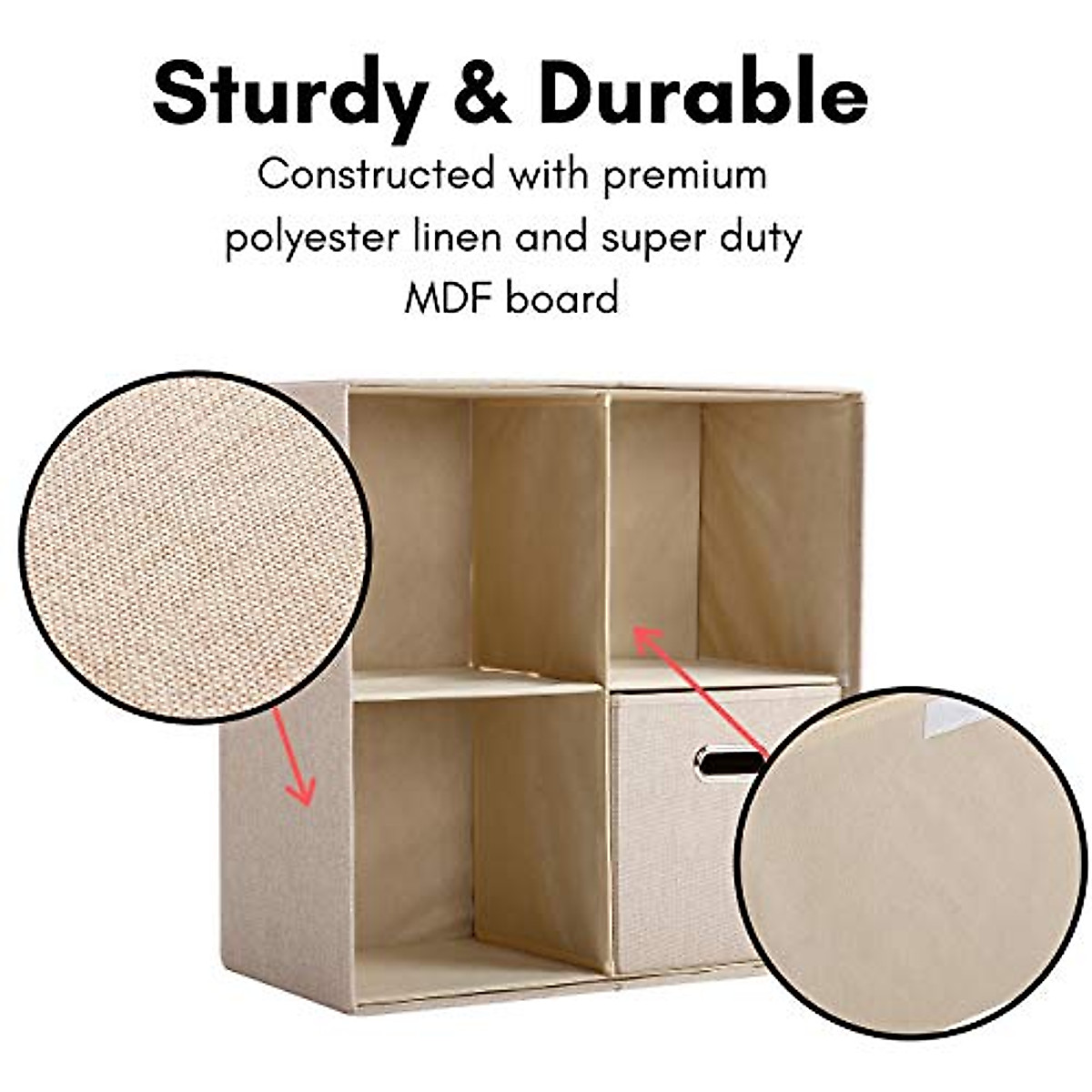 BIRDROCK HOME Cream Linen Cube Organizer Shelf with 4 Storage Bins – Strong Durable Foldable Shelf – Kid Toy Clothes Towels Cubby – Collapsible Bedroom Fabric Shelves and Cubes