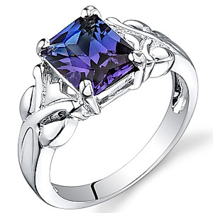 PEORA Simulated Alexandrite Ring 925 Sterling Silver, Criss-Cross Solitaire, Color-Changing 2.75 Carats Radiant Cut 9x7mm, Comfort Fit, Size 8