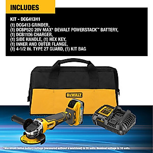 DEWALT 20V MAX Angle Grinder Tool, Cordless, 4-1/2 inch, POWERSTACK Battery and Charger Included (DCG413H1)