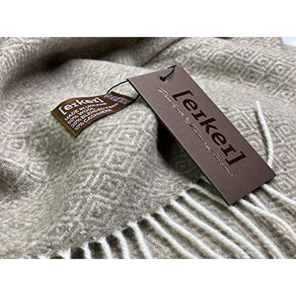 Eikei Wool Throw Blanket Geo Diamond Pattern Oversized Couch Throw Blanket Fringe Trim Soft Merino Woolen Afghan Minimalist Style Lightweight Machine Washable (Mocha, 55Wx78L)