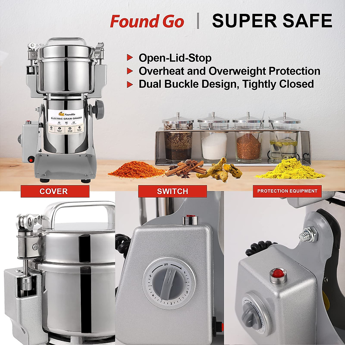 FoundGo 500g Grain Mill Electric Grinder Cereals Pulverizer Spice Grinding Powder Machine Corn Flour Grinders for Dry Spices Seeds Herbs Grains Coffee Rice Pepper, Commercial Grade
