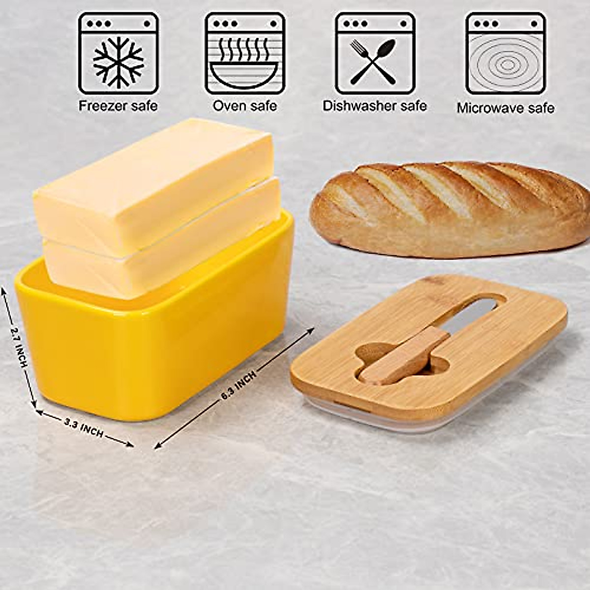 Large Ceramic Butter Dish with Airtight Lid and Knife for Countertop- Holds Up to 2 Sticks Butter Container with Bamboo Lid