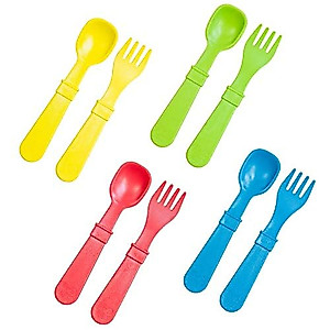 Re-Play Made in USA Toddler Forks and Spoons, Pack of 8 Without Carrying Case - 4 Kids Forks with Rounded Tips and 4 Deep Scoop Toddler Spoons - 0.2" Thick Toddler Utensils, Preschool