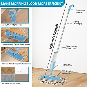 MEXERRIS Microfiber Spray Mop for Floor Cleaning Wet Dry Mop 360 Degree Spin Microfiber Dust Mop Hardwood Floor Mop with 410ML Refillable Bottle Include 3 Microfiber Reusable Pads and 1 Scrubber