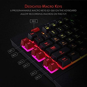 Redragon K512 Shiva RGB Backlit Membrane Gaming Keyboard with Multimedia Keys, Linear Mechanical-Feel Switch, 6 Extra On-Board Macro Keys, Dedicated Media Control, Detachable Wrist Rest