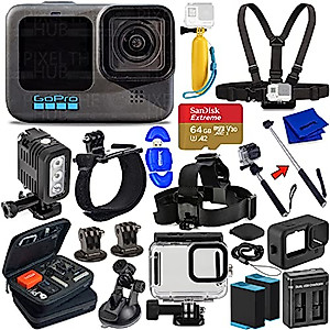 Pixel Hub GoPro HERO10 Hero 10 Camcorder Black - Ultimate Bundle Includes: Sandisk Ultra 64GB microSD, 2X Extra Batteries, Charger, Underwater Housing, LED Light Kit, Carry Case and More