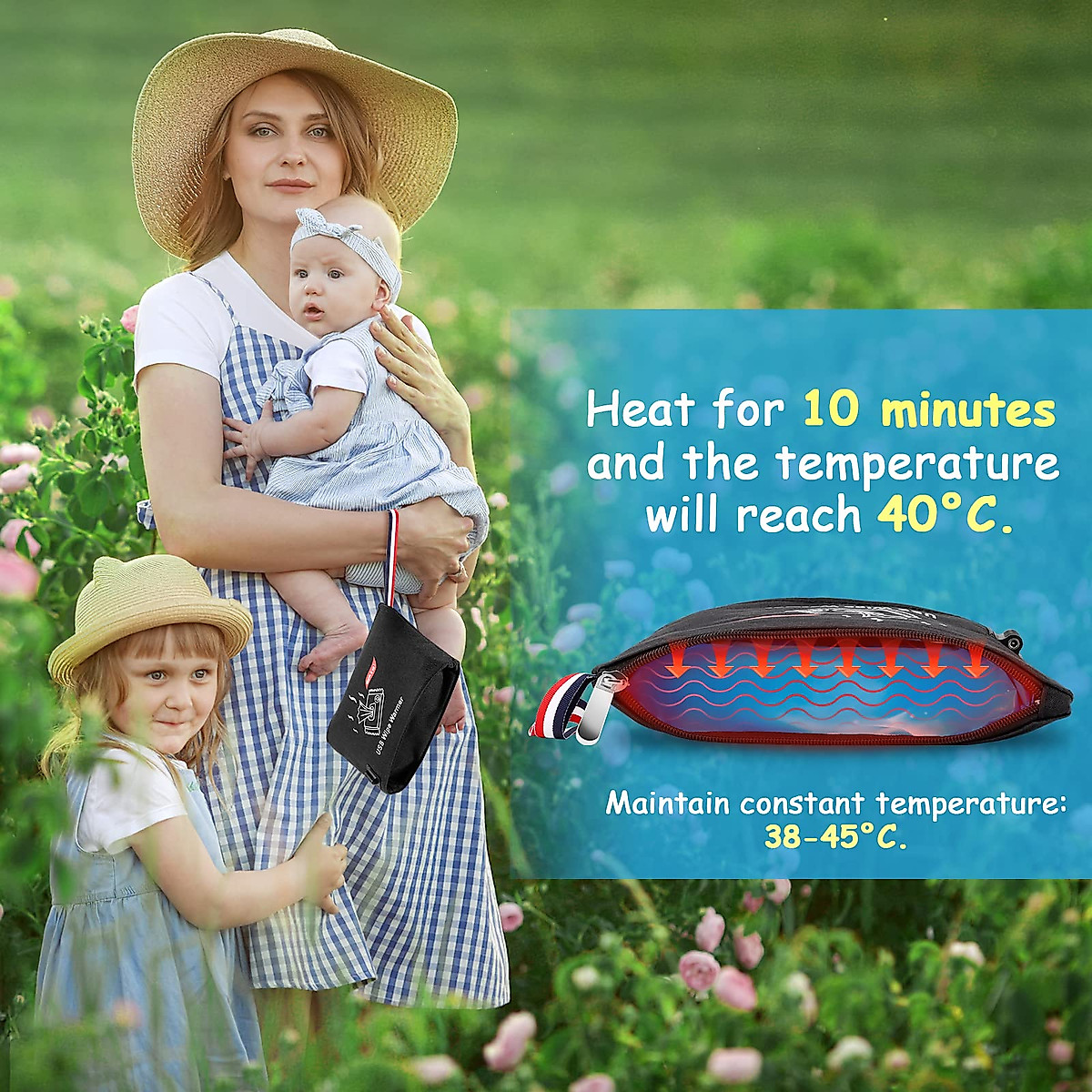 Baby Wipe Warmer, Wipes Dispenser Sunsbell Portable Car Wipes Heater Warmer Baby Wipes Thermostat Heating Bag 9.4 * 6.3Inch DC 12V+USB Home Car Dual-use Baby Wet Wipes Warmer