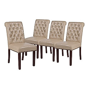Flash Furniture Set of 4 Hercules Series Beige LeatherSoft Parsons Chairs with Rolled Back, Accent Nail Trim and Walnut Finish