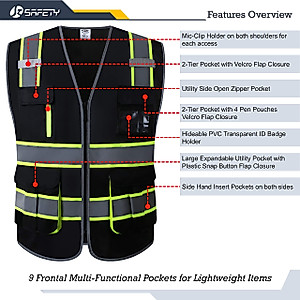 JKSafety 9 Pockets High Visibility Safety Vest for Men and Women Zipper Front with Hi-Vis Reflective Strips Meets ANSI/ISEA Standards (130-Black, Large)