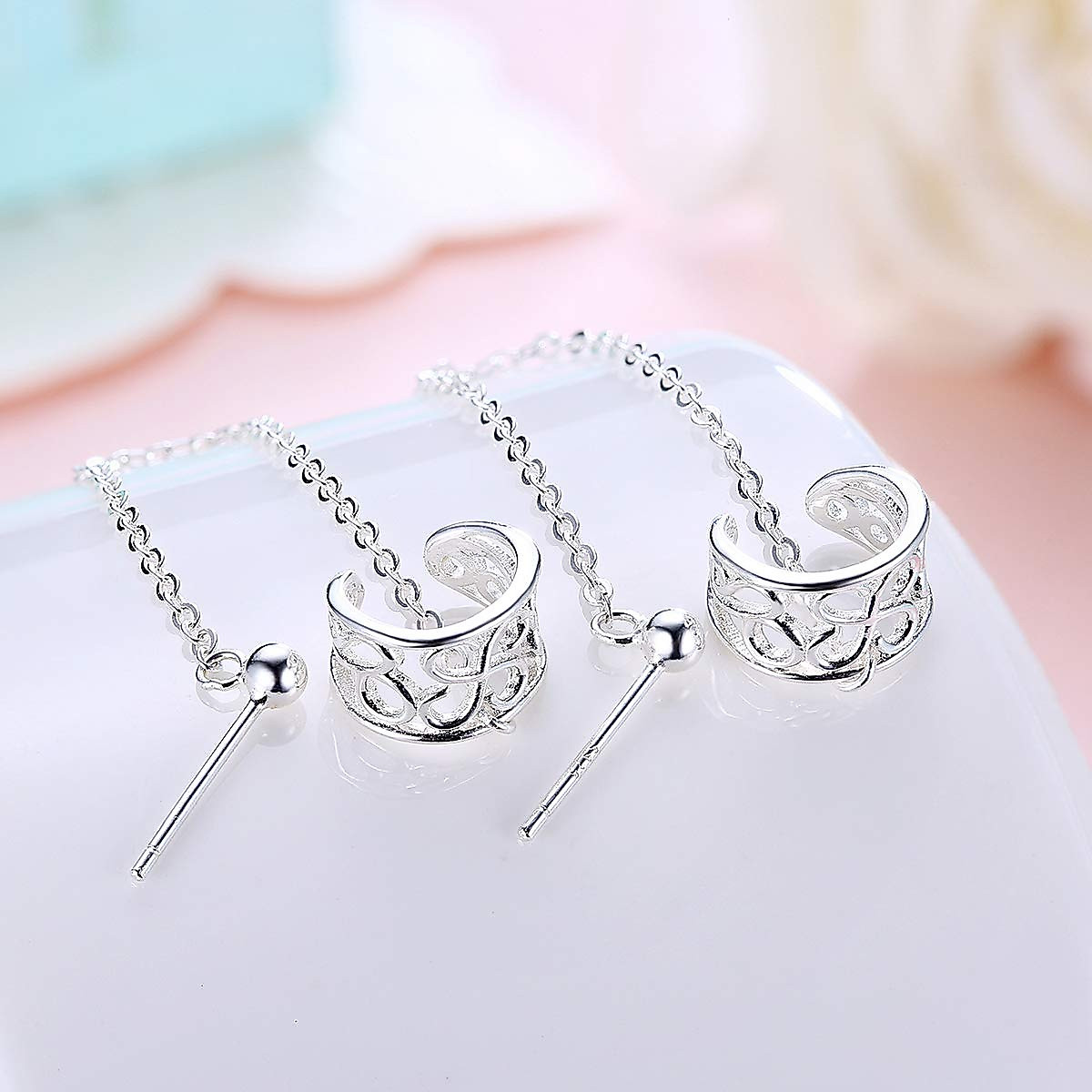 SLUYNZ 925 Sterling Silver Cuff Earrings Chain Studs for Women Cartilage Earrings Crawler Earrings Wrap (Style 2)
