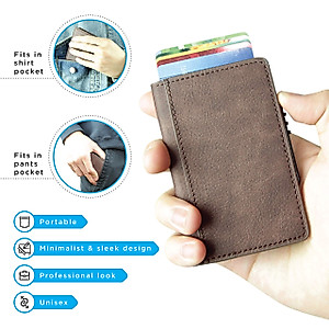 PRINT SUPREMACY Leather Wallet with Metal Case Credit Card Holder with Magnetic Lock (Up to 5 Cards), Plastic Switch with 2 Slots, Minimalist Slim Wallet for Men Women, Holds Cards ID Cash (Coffee)