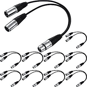 XLR Splitter Cable 1 XLR Female to 2 XLR Male Patch Y Cable Balanced Microphone Splitter Cord Audio Adaptor XLR Y Splitter Microphone Cable for Stereo Mic to L and R Audio Track, 1 Foot (10 Pcs)