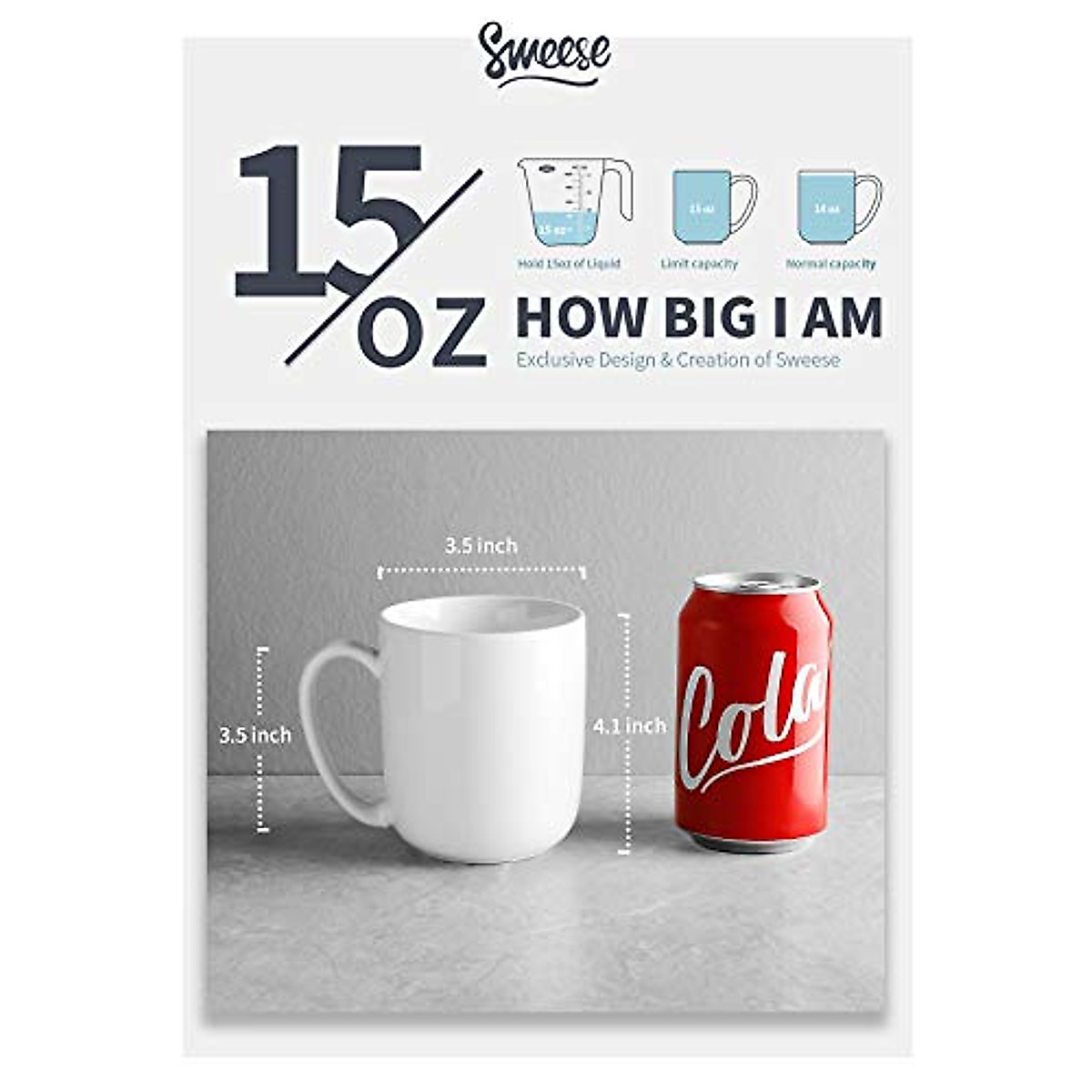 Sweese 604.001 Porcelain Mugs for Coffee, Tea, Cocoa, 15 Ounce, Set of 6, White