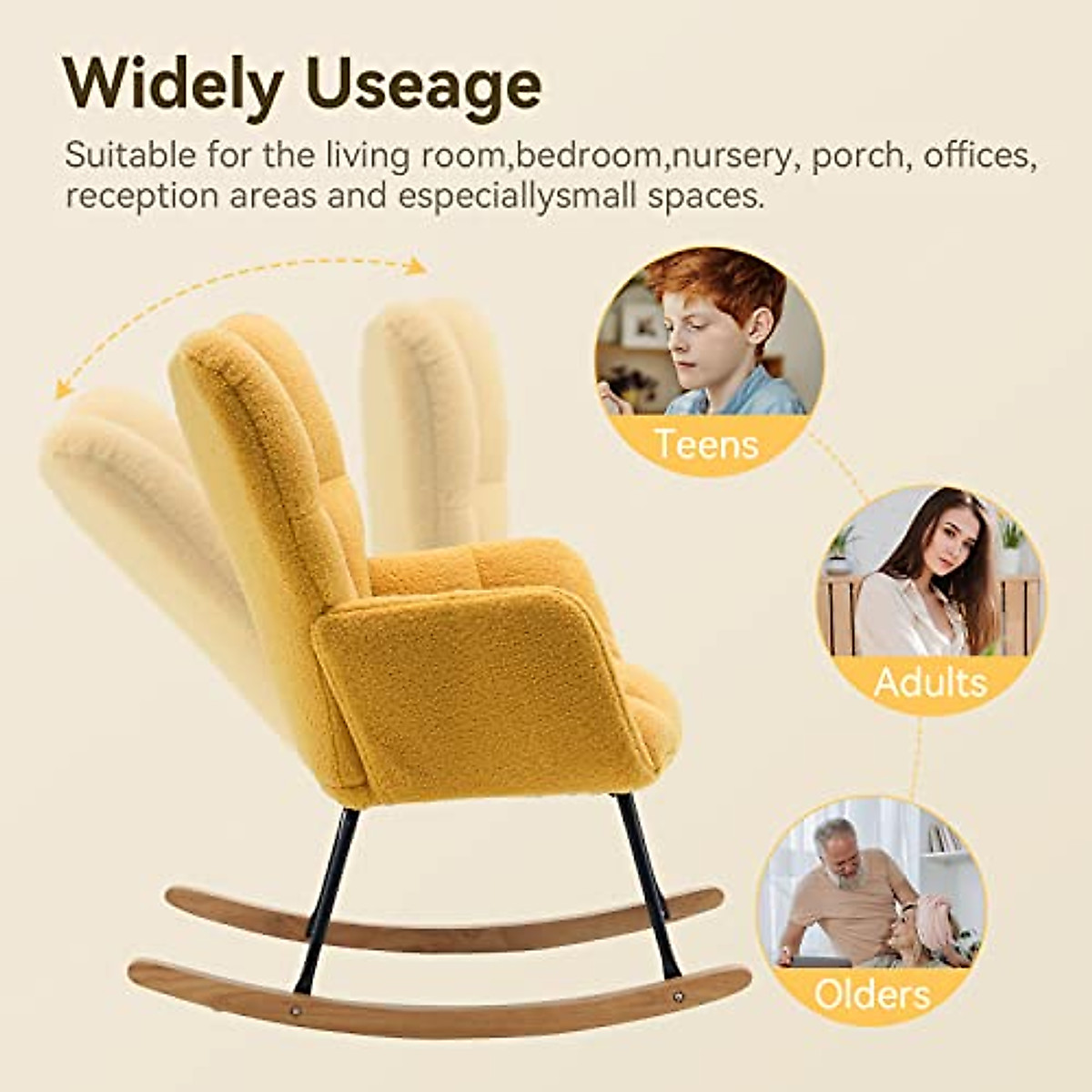 Nursery Rocking Chair Teddy Fabric Padded Seat with High Backrest and Armrest Accent Chair Upholstered Armchair Single Sofa Accent Glider Rocker for Living Room Bedroom Offices (Yellow Teddy)