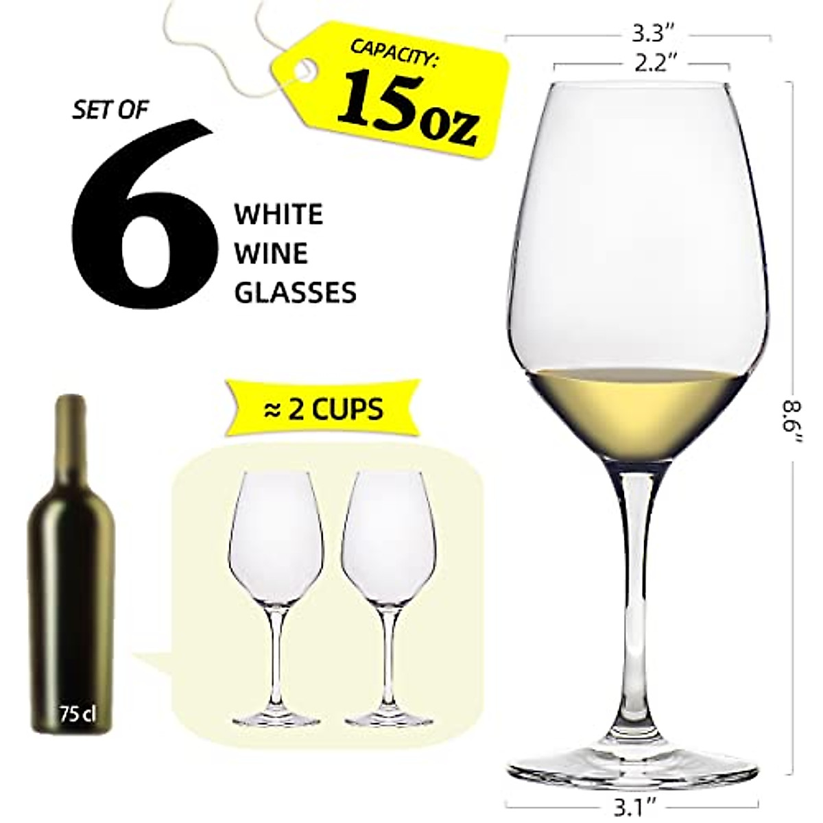 FAWLES Crystal White Wine Glasses Set of 6, 15 Ounce Laser Cut Rim Stemmed Clear Chardonnay Wine Glass Set, Housewarming/Anniversary/Wine Gift Set