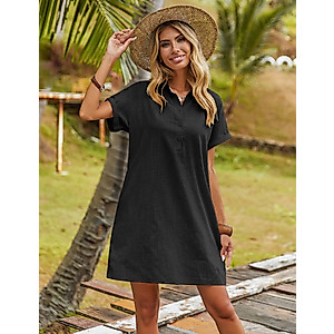 Zeagoo Womens Casual Summer Cotton Drsss Short Sleeve A-line Dress Button Down Beach Sundress with Pockets.Black,Medium