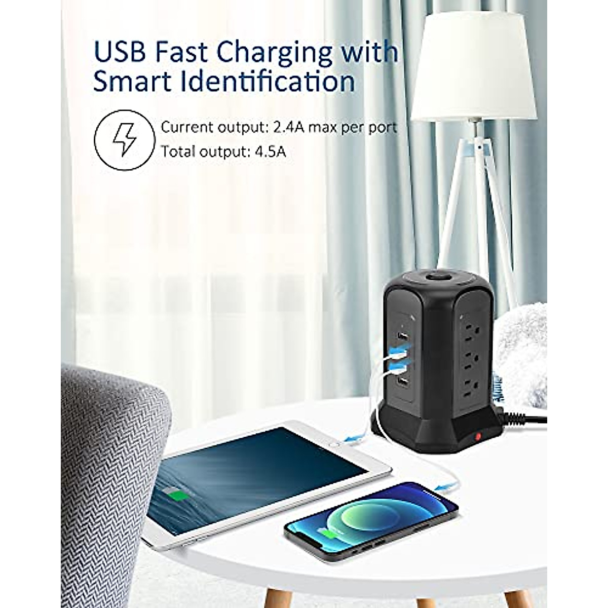 Power Strip Tower Surge Protector, SUPERDANNY Desktop Charging Station, 10 Ft Extension Cord, 9 Outlets, 4 USB Ports, 1080 Joules, 3-Prong, Grounded, Multiple Protections for Home, Office, Black