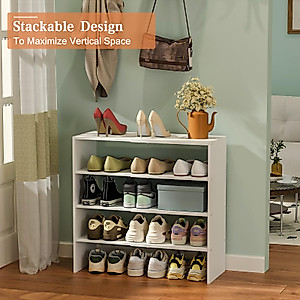 White Shoe Rack Organizer for Closet, 2-Tier Expandable Shoe Shelf, Stackable Iron Wood Combination Small Shoe Racks Shelves for Closets, Entryway,Small Space,Hallway,Garage,6-12 Pairs,Patent Pending