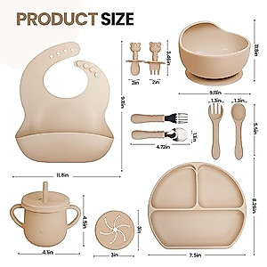 Vivalada Silicone Baby Feeding Set - Baby Led Weaning Supplies, Baby Suction Plate with Lid and Bowl, Toddler Self Feeding Spoons Forks Sippy Cup Adjustable Bib, Baby Utensils for 6-12 Months (Beige)