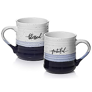 DOWAN Coffee Mugs, Large 20 oz Mugs Set of 2 with Word Blessed Grateful, Porcelain Christian Coffee Cup, Thank You Gifts for Men Women All, Blue White