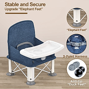 Baby Travel Booster Seat with Double Tray, BabyBond Upgraded Toddler Portable Baby Chair, Booster Seat for Dining Table, Stable and Foldable Booster Baby Chair for Indoor/Outdoor use (Denim Blue)
