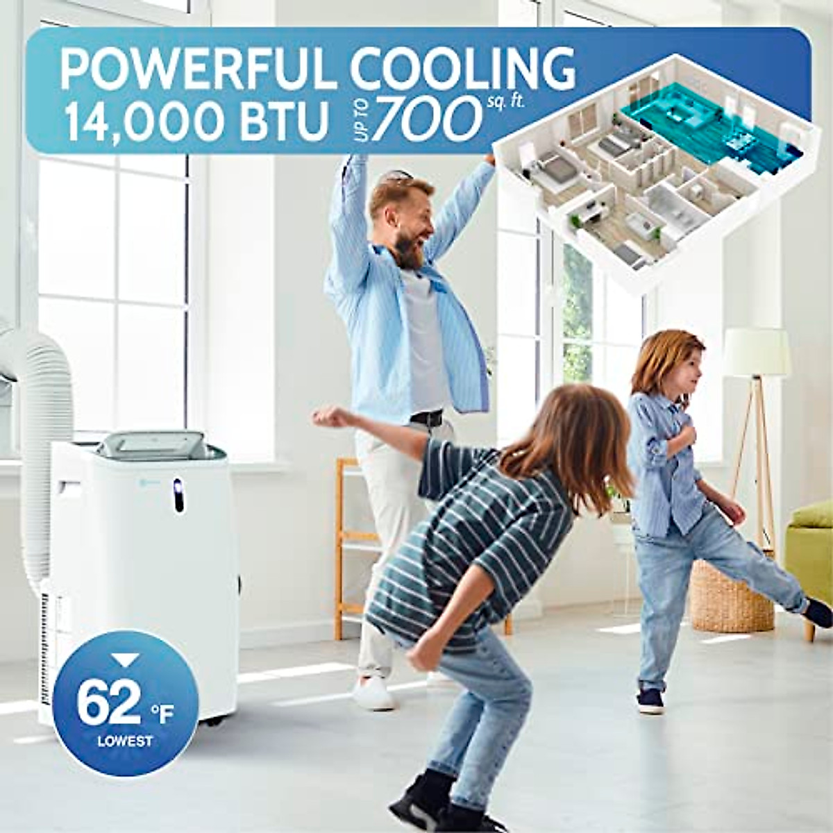 ROLLICOOL 14,000 BTU 4-in-1 Portable Air Conditioner - Cools up to 700 sq ft - Alexa-Ready App, Dehumidifier & Fan, 24 Hour Timer w/Sleep, Dual-Band Wi-Fi