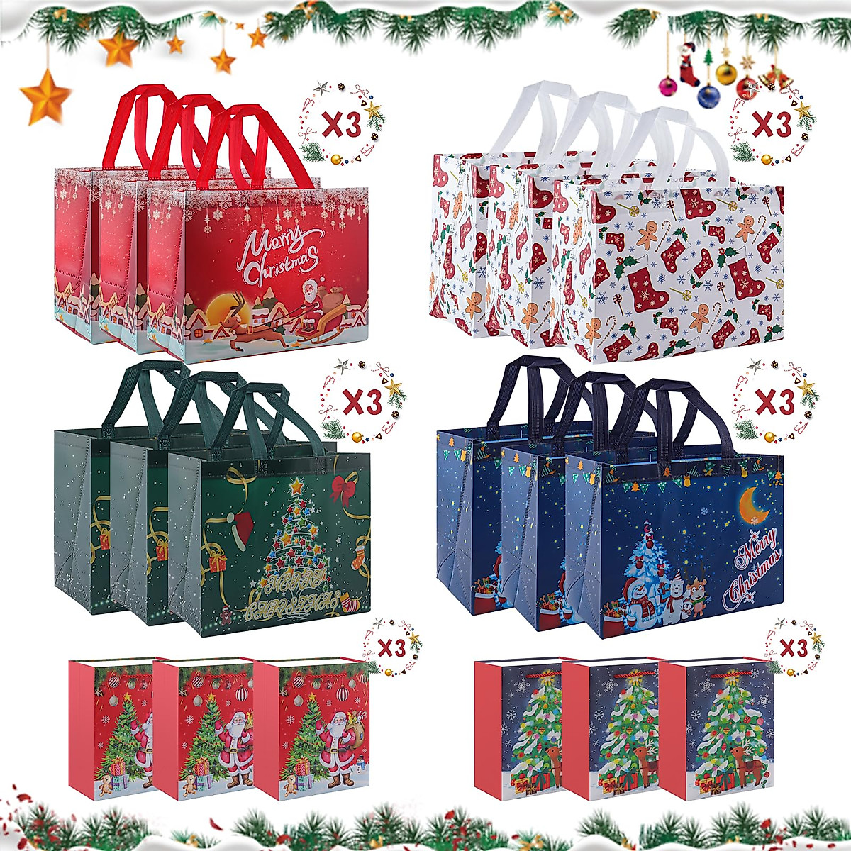 Tsungup 18 Pack Christmas Gift Bags Assorted Sizes,Large Non-Woven Christmas Tote Bags Christmas Reusable Gift Bags with Handles - Large Xmas Gift Bags