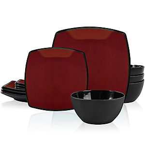 afcevnlb Square Melamine Dinnerware Sets 12 Piece Service for 4 Deep Red Plates and Bowls Sets for Indoor/Outdoor Grill, Holiday Party, Camping