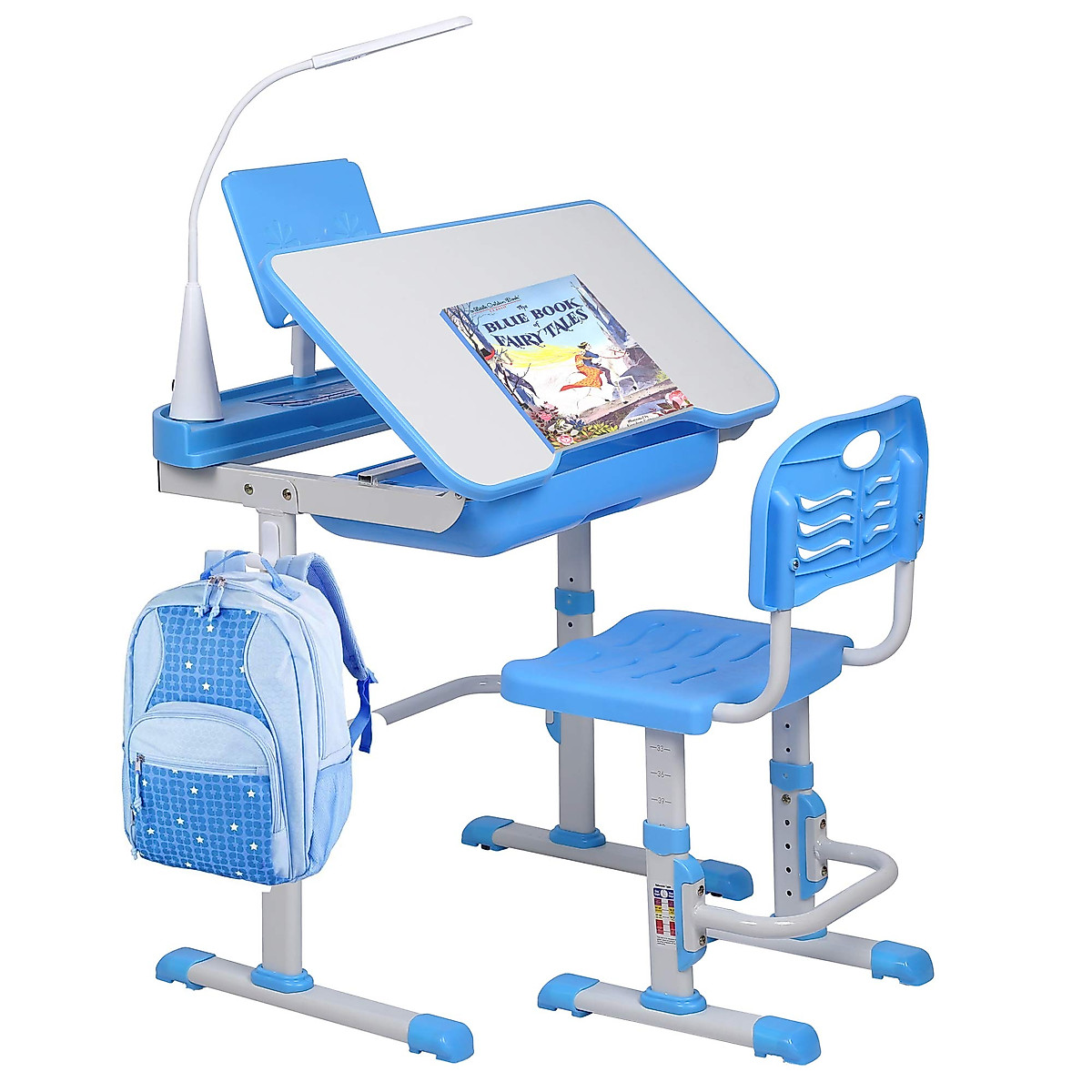 SMAGREHO Kids Desk and Chair Set, Height Adjustable Child's School Study Writing Tables with Tilt Desktop, LED Light, Storage Drawer, Book Stand (Pink)