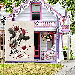 Welcome Valentine's Day Garden Flag Cow Rose Flower 12.5 x 18 Inch Vertical Double Sided Flag Holiday Outside Yard Decoration Anniversary Wedding Farmhouse Valentines Day Decor