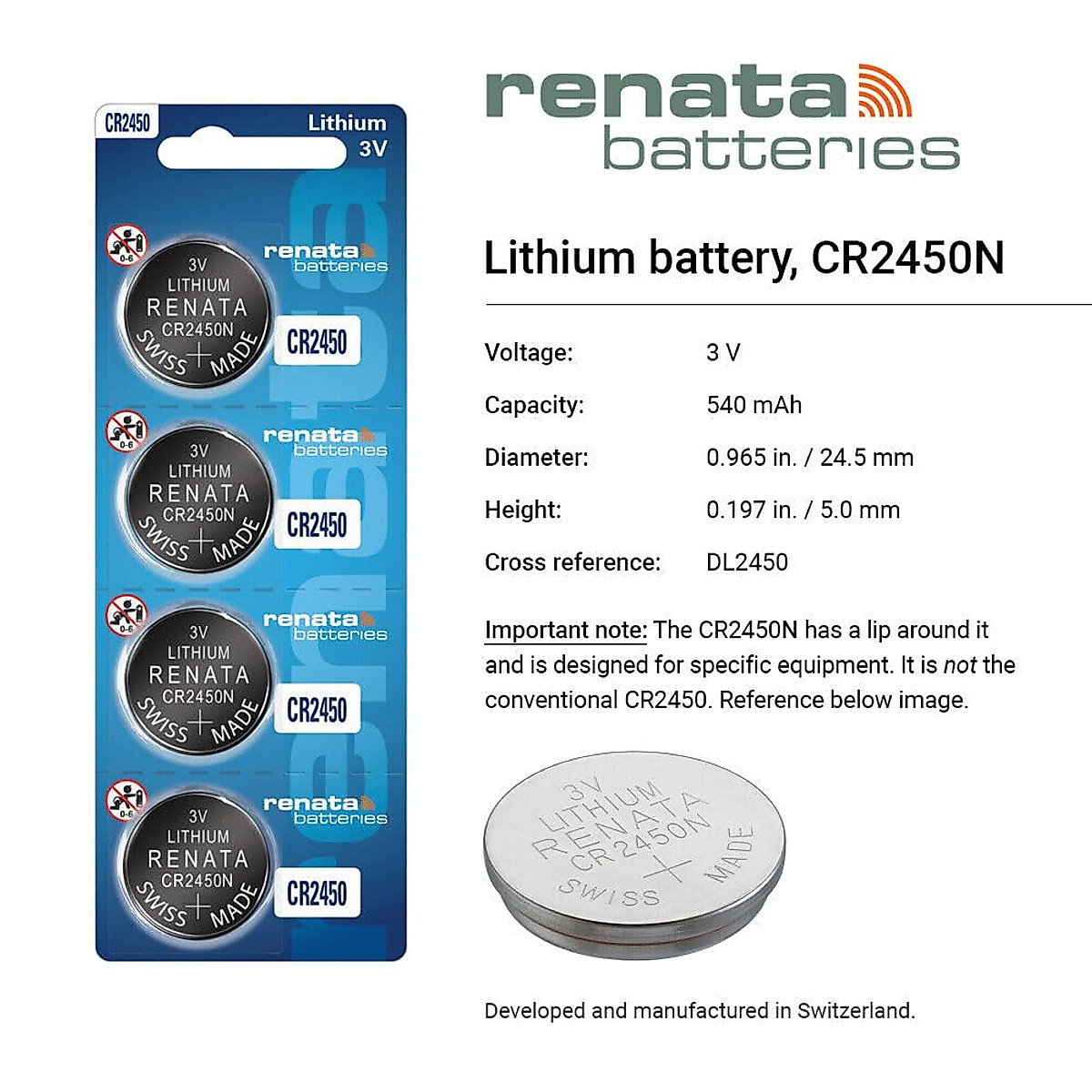Renata Batteries CR2450N 3 Volt Lithium Coin Battery (4 Pack)