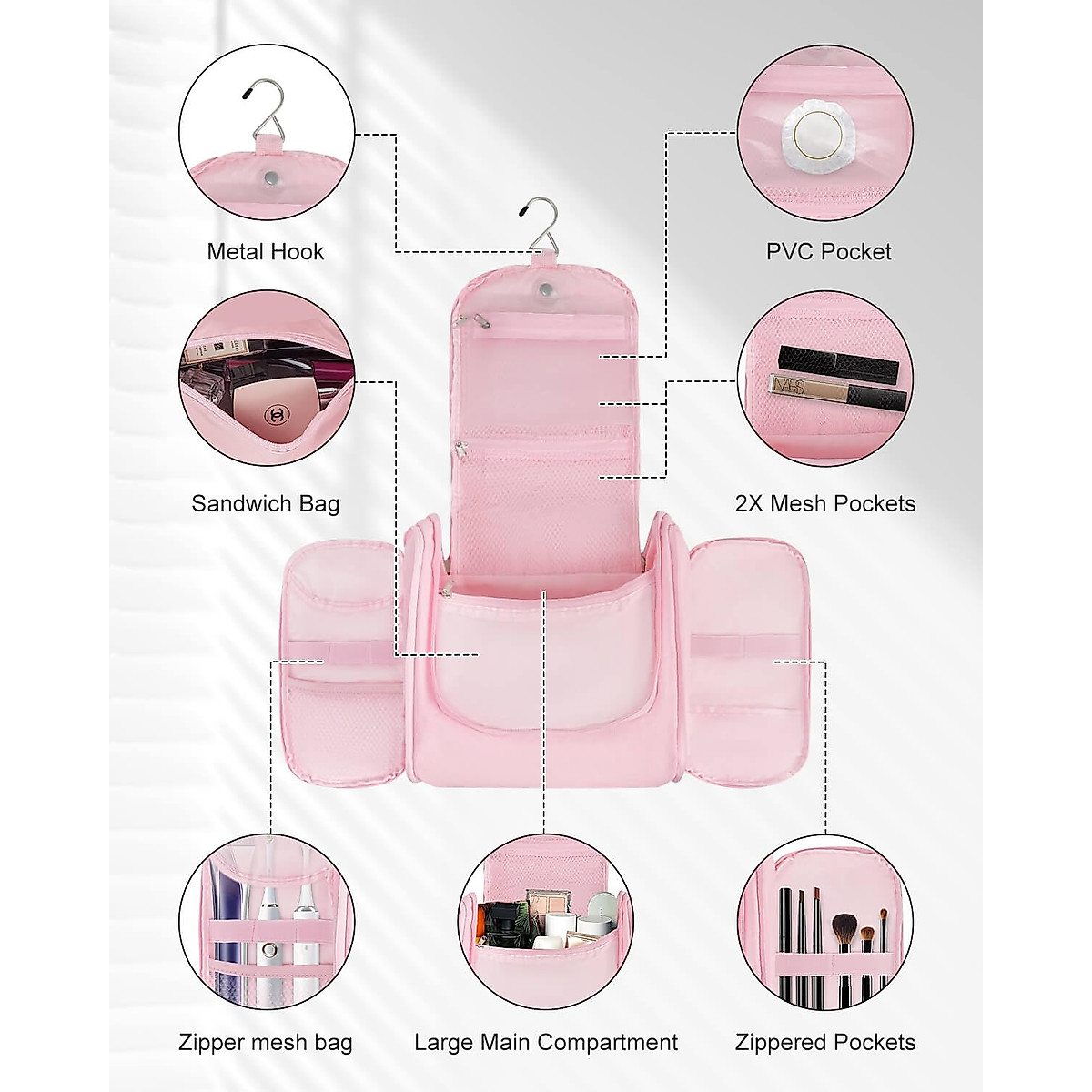 MULISOFT Toiletry Bag for Women, Hanging Travel Toiletry Bag with Large Capacity, Water-resistant Makeup Bag with 16 Compartments for Toiletries and Cosmetics, Toiletry Organizer Bag, Rose Pink