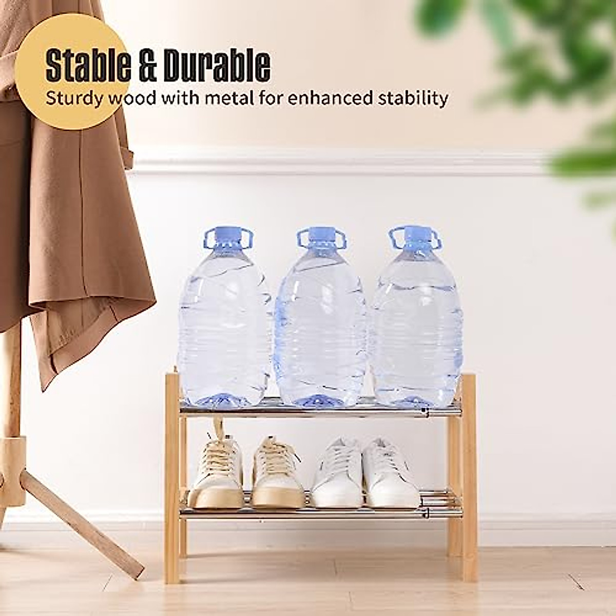 NUDUKO Expandable Shoe Rack Storage Organizer - 2 Tier Adjustable Wood and Metal Shoe Shelf Heavy Duty Small Shoe Rack for Closet Bedroom Entryway (Natural)