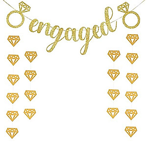 Bachelorette Party Decoration Set|Gold Glitter Engaged Banner|Honeycomb Diamond Ring Hanging Decorations(3pcs)|Wedding and Bridal Shower Decoration