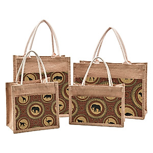 Sinestour African Ethnic Jute Tote Bag Jute Gift Bags with Handle Burlap Tote Bag with Canvas Pocket Beach Tote Bag