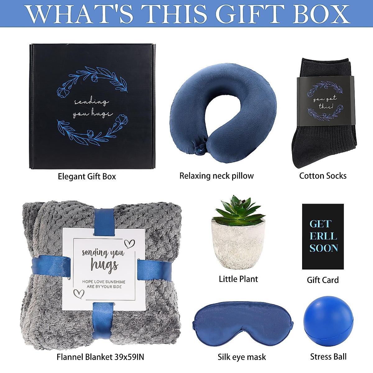 Get Well Gifts For Men,Care Package For Men With Cozy Blanket|Memory Foam Pillow|Stress Ball|Socks|Eye Mask|Thinking Of You Greeting Card|Little Plant,Get Well Soon Gift Basket for Dad|Husband|Brother