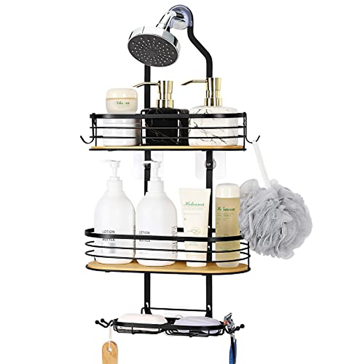 Fogein Shower Caddy Over Shower Head, Hanging Shower Caddy, Shower Basket with Suction Cup, Bathroom Shower Caddy Over The Door with Bamboo Board Hook & Soap Box, No Drilling(3 Tier, Black)