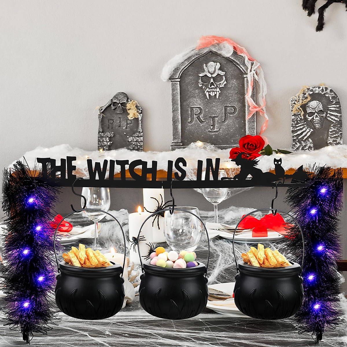 Halloween Witch Cauldron Candy Serving Bowl Halloween Punch Bowl Lighting Party Decorations for Table Kitchen Indoor Outdoor Halloween Candy Holder with Iron Rack and Garland Spiders