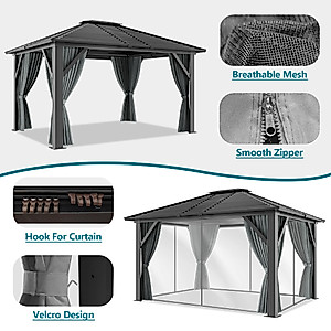 Raysfung 10' x 12' Hardtop Gazebo, Galvanized Steel Roof Gazebo with Netting and Curtains, Outdoor Permanent Pavilion for Patio, Garden, Backyard