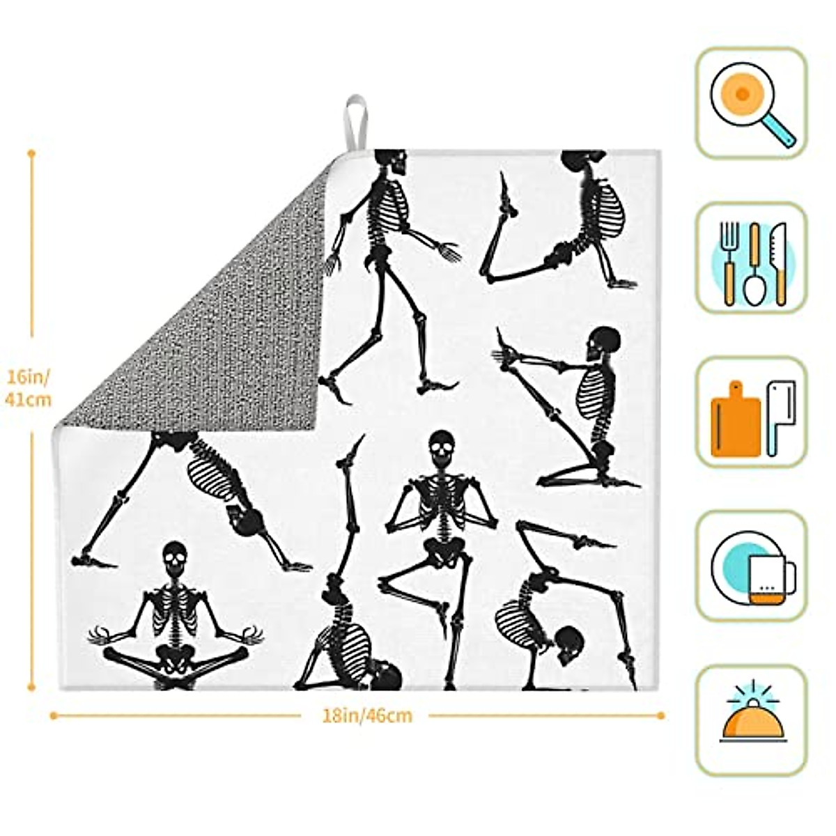 Human Skeletons Black Printed Drying Mat For Kitchen Ultra Absorbent Microfiber Dishes Drainer Mats Non-Slip Silicone Quick Dry Pad - 18 X 16inch